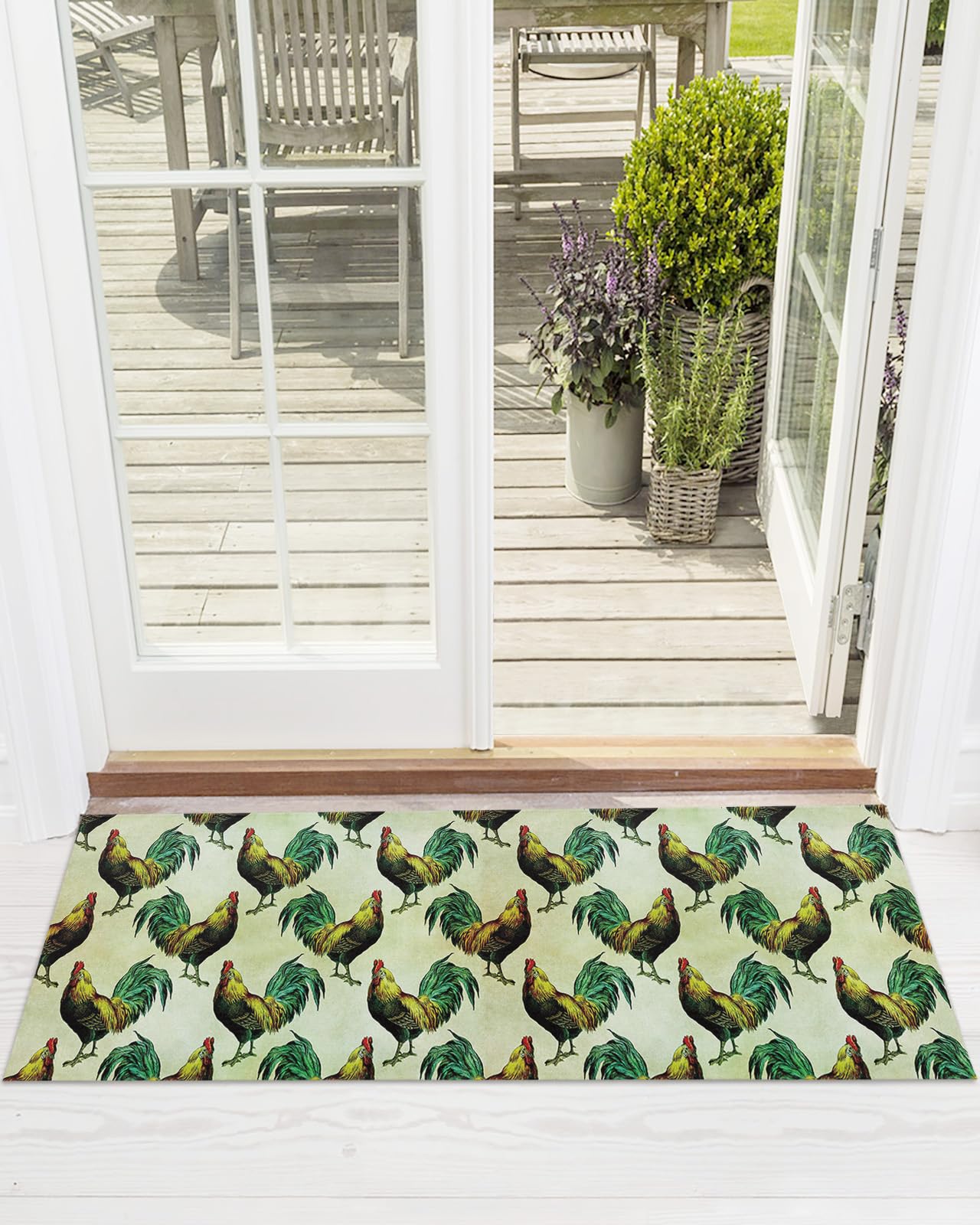 KITHOME Front Door Mat Retro Watercolor Roosters Tile Pattern Green Indoor Outdoor Entrance Doormat Washable Floor Mats for Front Door Bathroom Kitchen Runner Rugs 16x47 Inch