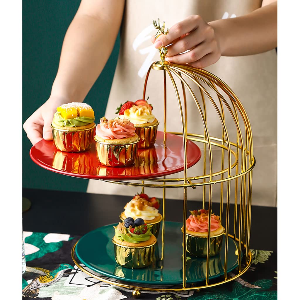 XENITE Dessert Bird Cage Cake Stand for Dessert Table Gold Metal Cosmetics Dessert Display Holder W/Ceramic Tray & Elk Top for Celebrations Home Decorations Fruit Plate