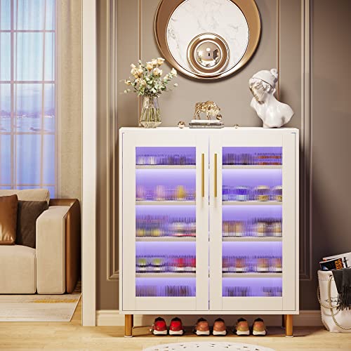 Tribesigns Shoe Cabinet with Acrylic Doors and LED Light, 24 Pairs Entryway Shoe Organizer Storage Rack with 5-Tier Adjustable Shelves for Narrow Closet, Hallway, Living Room (White & Gold)