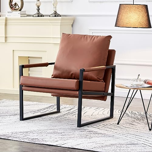 Goohome Mid Century Modern PU Leather Accent Chair Single Sofa,Cozy Upholstered Armchair Living Room Furniture,ReadingChair W/Metal Frame Extra-Thick Padded Backrest, Seat Cushion, Anti-Slip Footpad