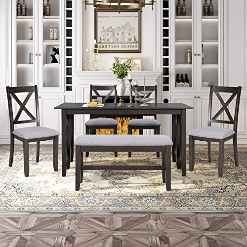 Goohome 6-Piece Kitchen Set, Mid-Century Wooden Foldable Rectangular Dining Table, 4 Upholstered Chairs and Bench Family Furniture, for Home, Apartment, Espresso