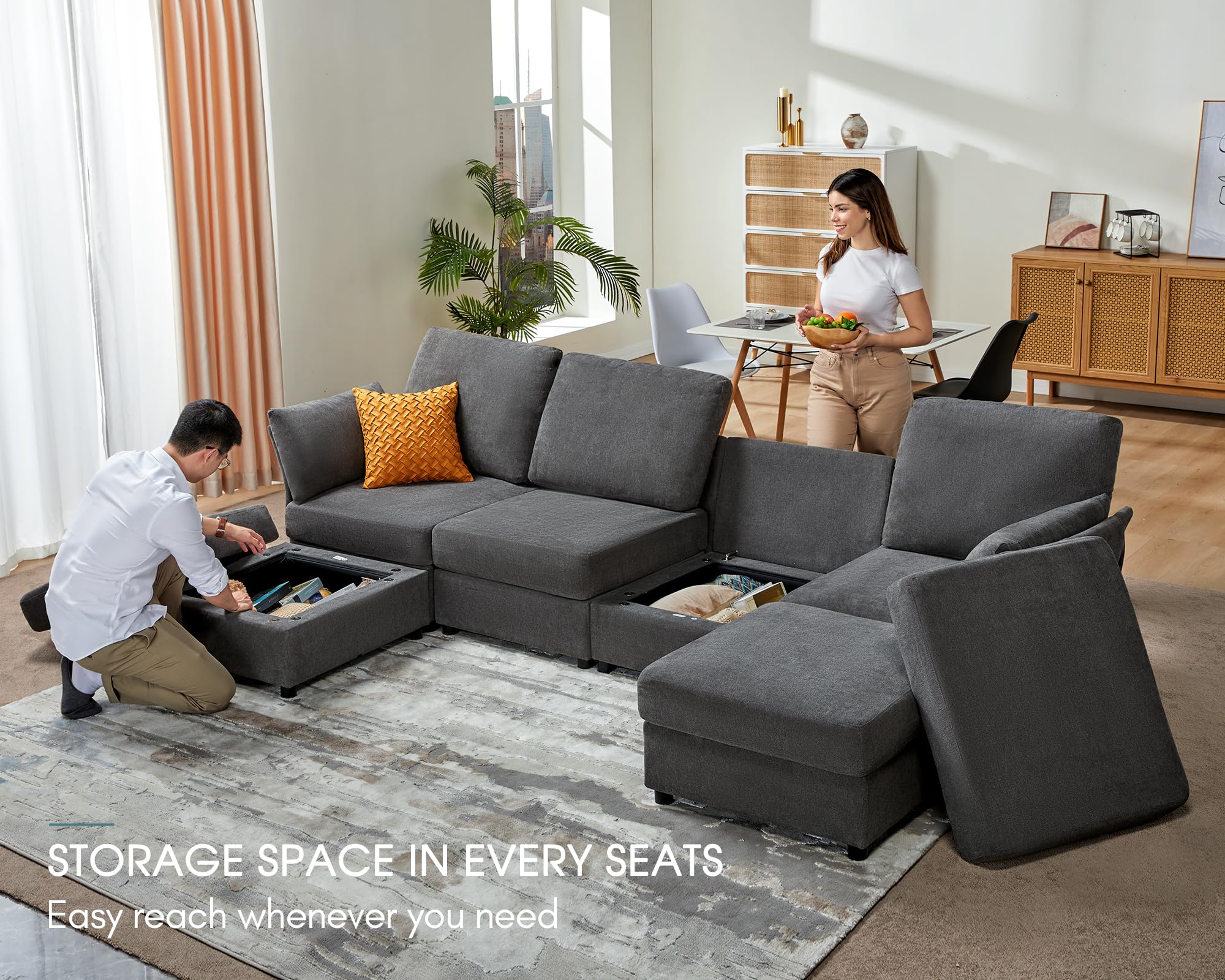VanAcc 131 Inches Modular Sectional Sofa, Oversized Sectional Sofa with Storage, Ottomans, 6 Seats U Shaped Sofa- Chenille Gray