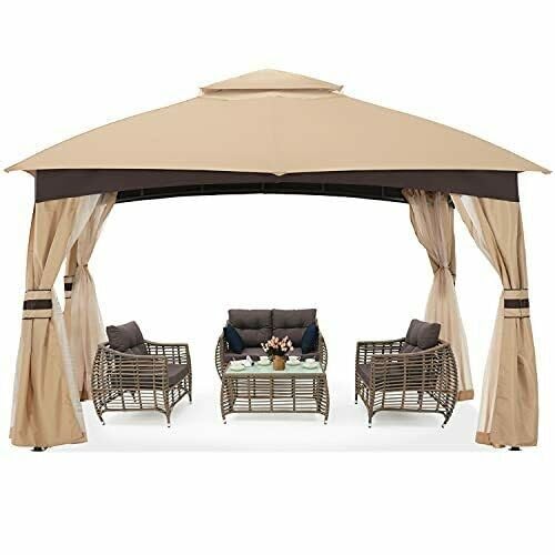BBQ Gazebo Canopy 10' x 12' Gazebos Patio Garden Gazebo with Mosquito Netting,Double 10x12 Beige Grill Gazebo Shelter for Patio, Garden