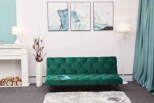 ERYE Green 3-in-1 Upholstered Futon Loveseat Convertible Sleeper Bed,2-Seaters Sofa & Couch Soft Cushions Love Seat Daybed for Small Space Living Room Napping Velvet Armless NO Pillows