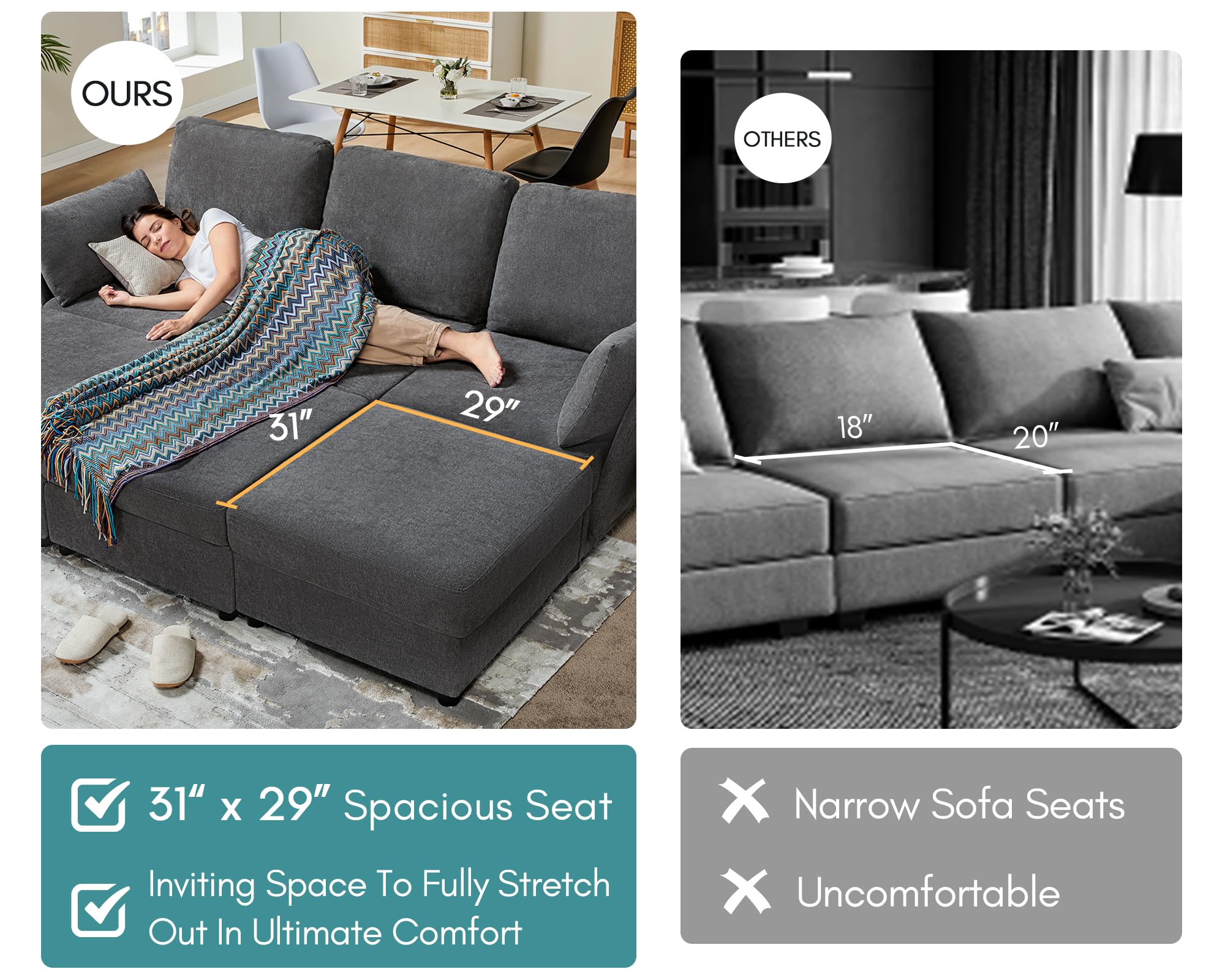 VanAcc 131 Inches Modular Sectional Sofa, Oversized Sectional Sofa with Storage, Ottomans, 6 Seats U Shaped Sofa- Chenille Gray