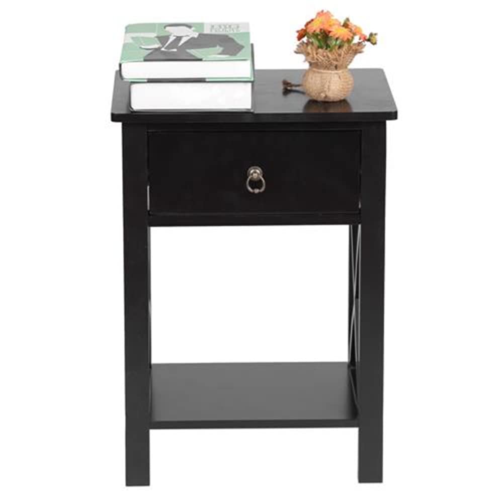Black Side Table, End Table with 1 Drawer, 1 Open Shelf End Table Storage Shelf, Side Table Modern Nightstand, Sofa Beside Table for Living Room, Foyer, Bedroom (40 x 30 x 55) cm (L x W x H)