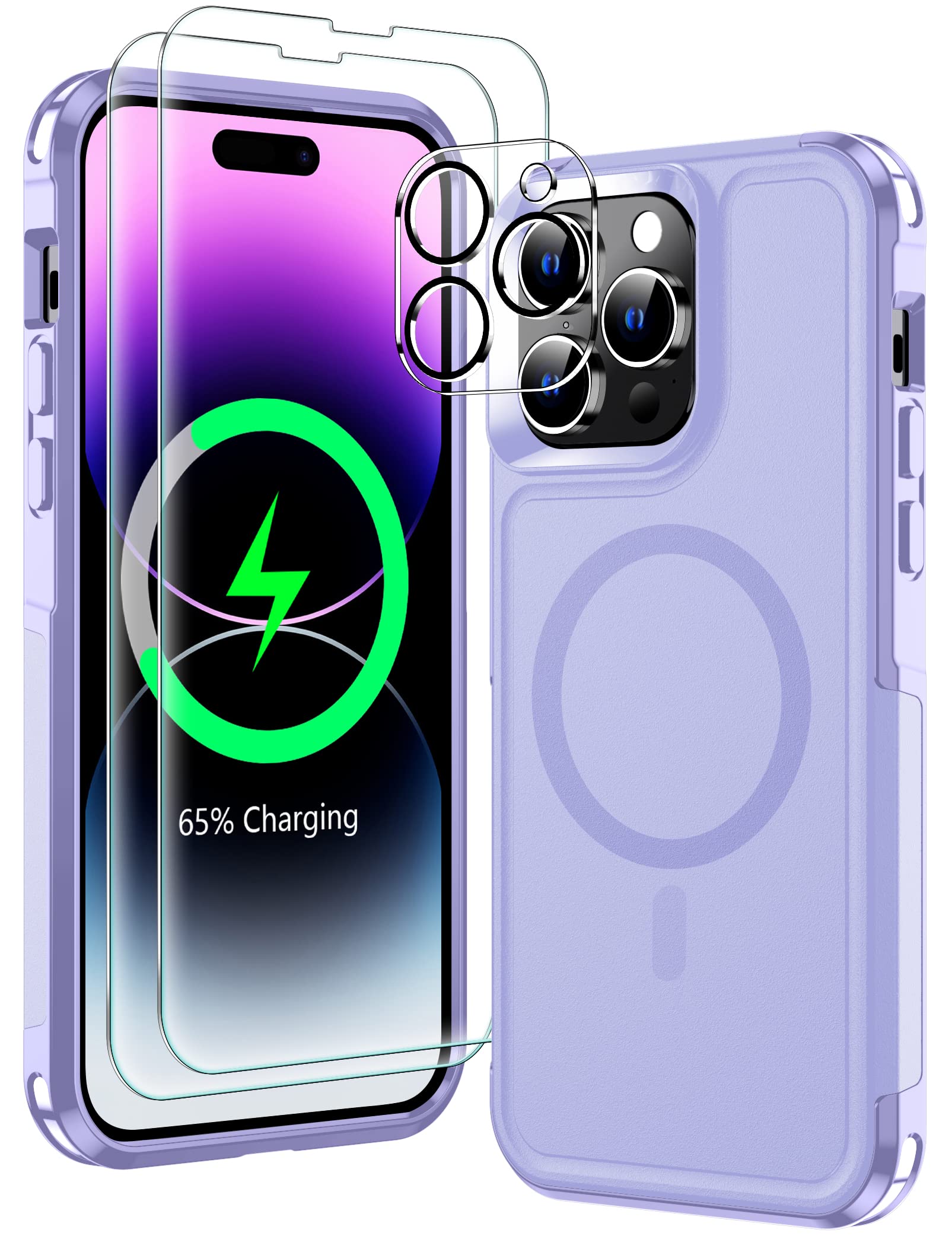 MOZOTER Magnetic Case for iPhone 14 Pro Max Case,[12 FT Shockproof Compatible with Magsafe][2 Pcs Glass Screen Protector+2 Pcs Camera Lens Protector] [Heavy Duty] Phone Case Cover 6.7''-Light Purple