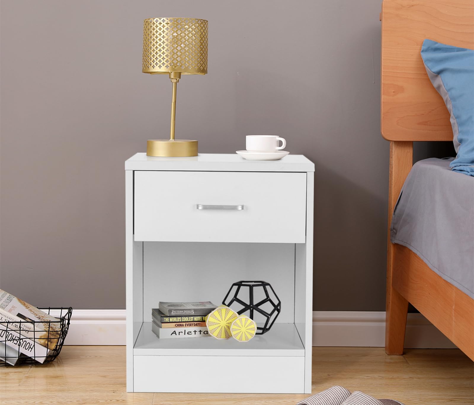 TRIPLE TREE White Nightstands Set of 2, End Table with Bin Drawer and Open Shelf, Small Dresser Bedside Table for Living Room Bedroom