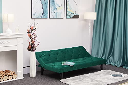 ERYE Green 3-in-1 Upholstered Futon Loveseat Convertible Sleeper Bed,2-Seaters Sofa & Couch Soft Cushions Love Seat Daybed for Small Space Living Room Napping Velvet Armless NO Pillows
