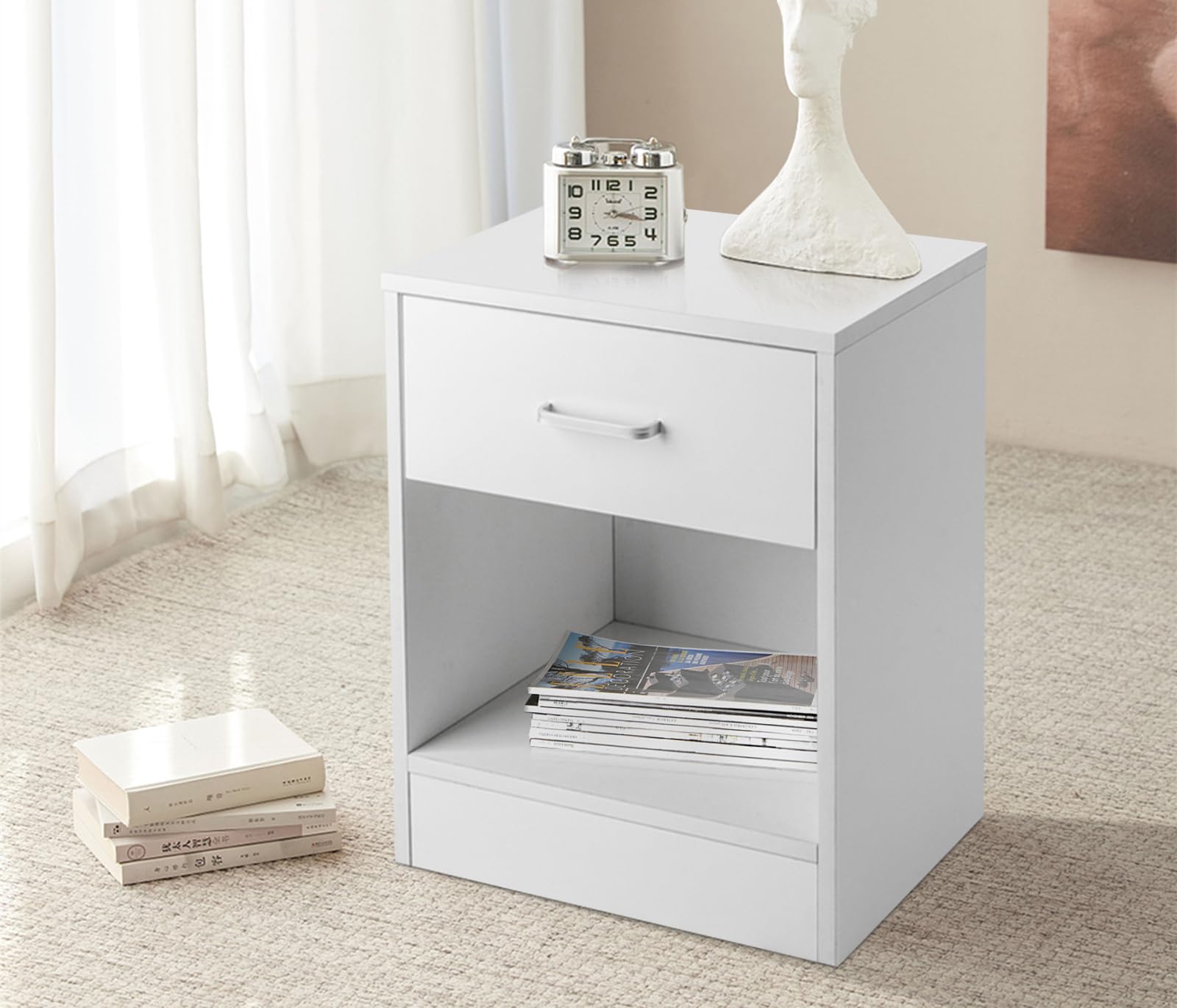 TRIPLE TREE White Nightstands Set of 2, End Table with Bin Drawer and Open Shelf, Small Dresser Bedside Table for Living Room Bedroom