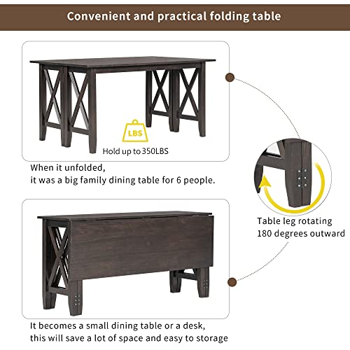 Goohome 6-Piece Kitchen Set, Mid-Century Wooden Foldable Rectangular Dining Table, 4 Upholstered Chairs and Bench Family Furniture, for Home, Apartment, Espresso