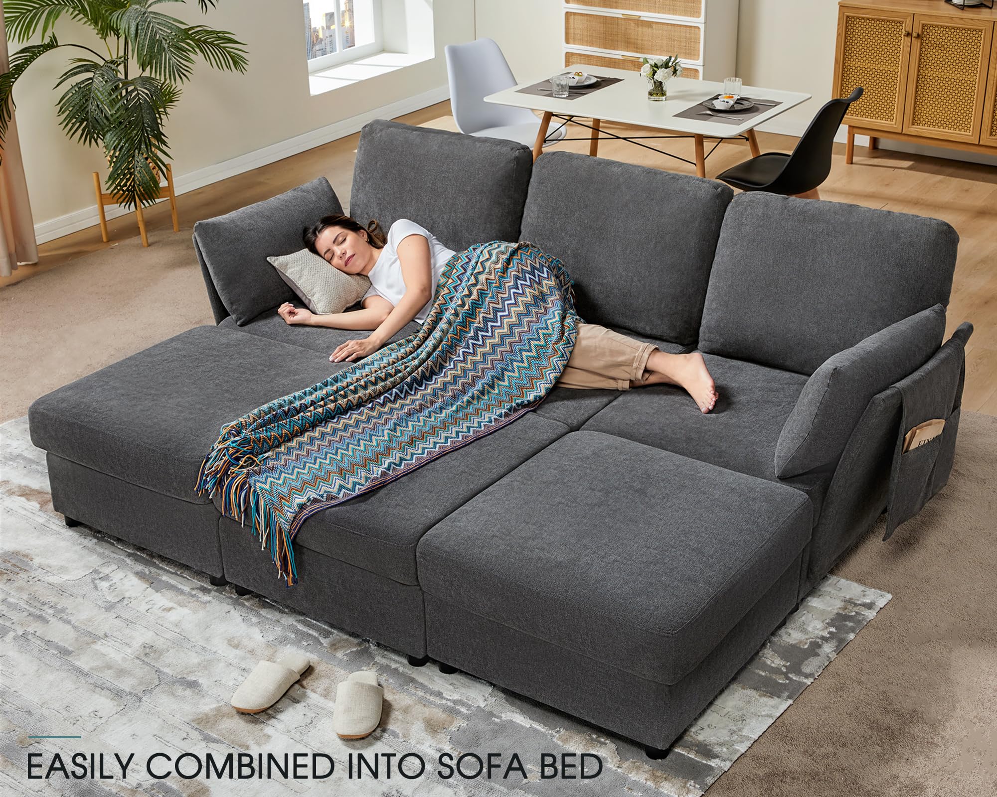VanAcc 131 Inches Modular Sectional Sofa, Oversized Sectional Sofa with Storage, Ottomans, 6 Seats U Shaped Sofa- Chenille Gray