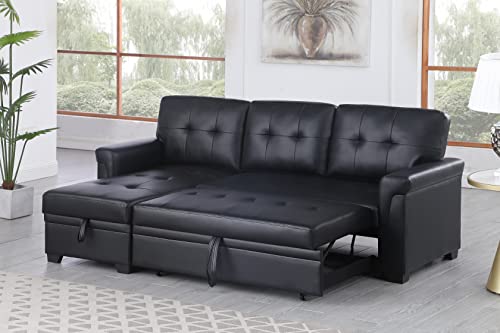Evedy Reversible Sleeper Sectional Sofa with Storage Chaise,Living Room Furniture Set,L-Shaped Couch with Pull-Out Sofa Bed,PU Leather Upholstered Sofas & Couches for Apartment/Lounge-Black