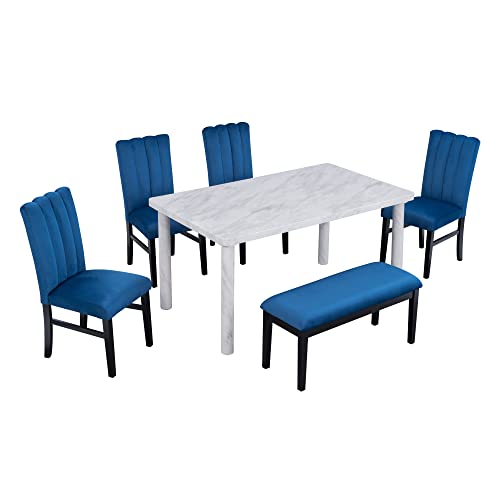 Goohome 6-Piece Kitchen Dining Set, Mid-Century Marble Veneer Table, 4 Flannelette Upholstered Chairs and Bench Family Furniture, for Home, Apartment, A-White+Blue