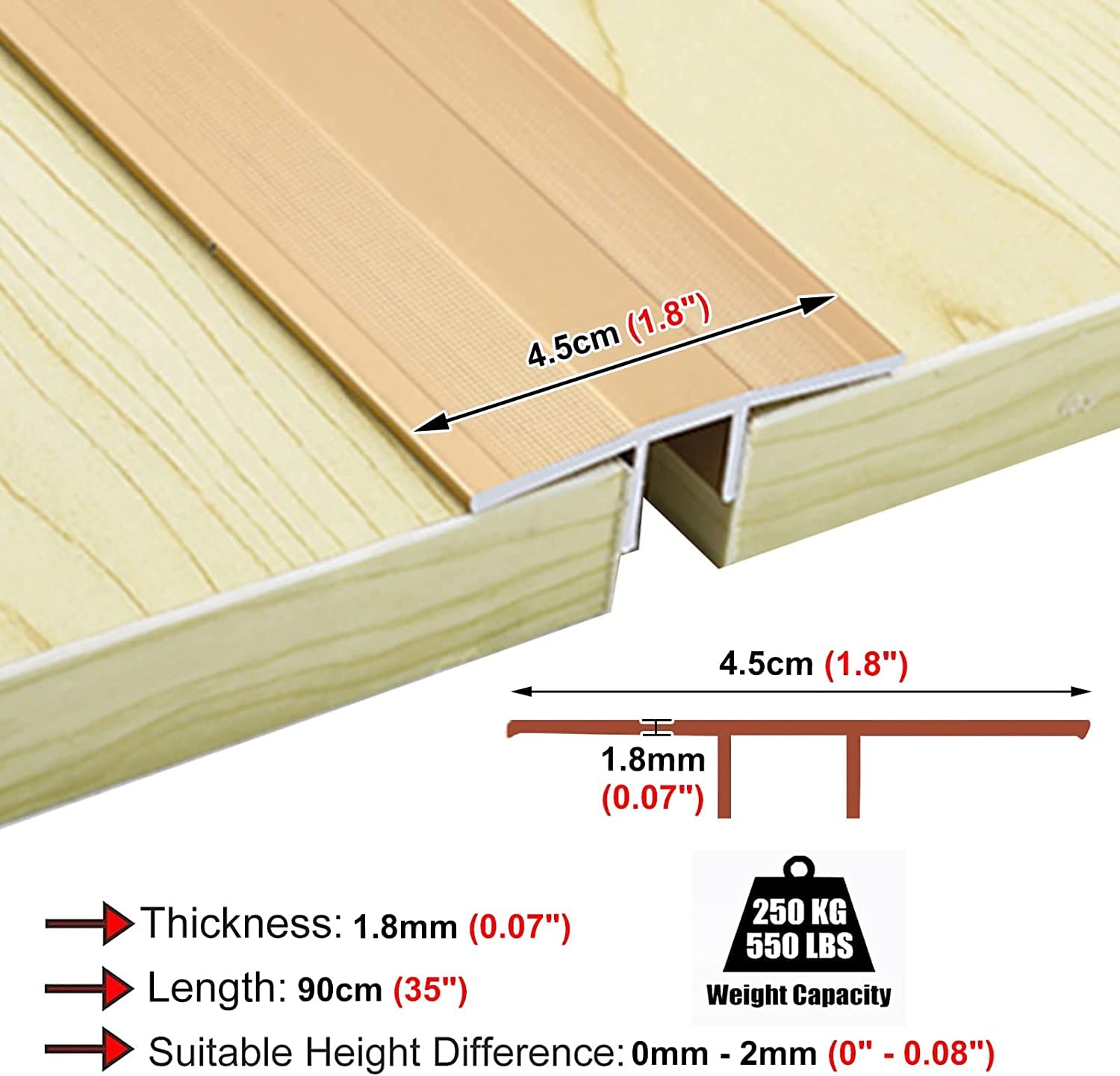 FURLOU T-Shaped Threshold Strips Flooring Transition Strip Non-Slip Transition Bars Floor Reducer Vinyl Edge Trim for Interior Doors