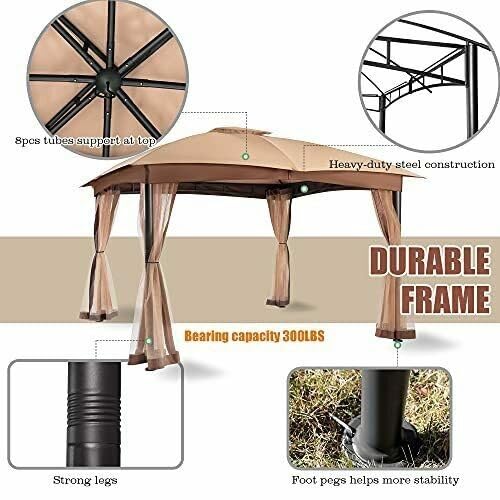 BBQ Gazebo Canopy 10x12 Gazebo for Patio, Double Vent Canopy 10 x 12 ft Straight Leg(Khaki) Grill Gazebo Shelter for Patio, Garden