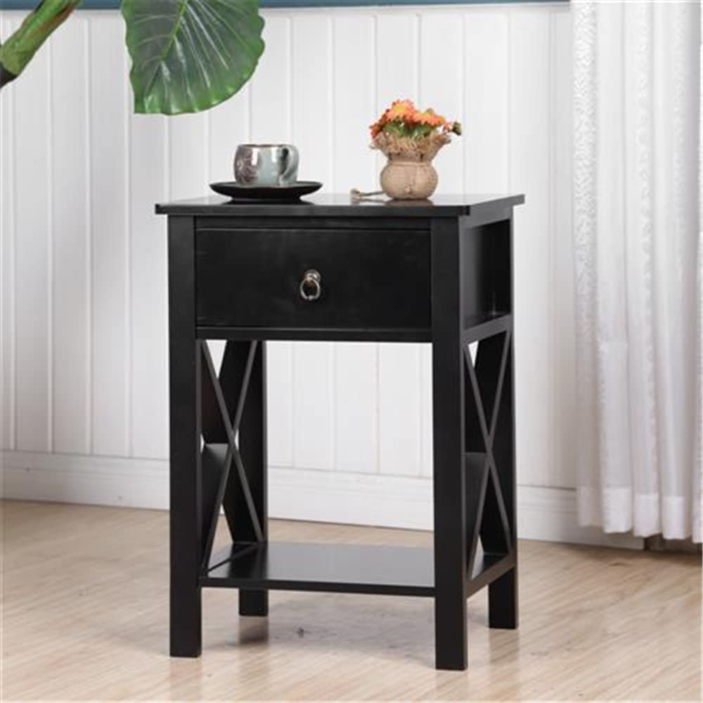 Black Side Table, End Table with 1 Drawer, 1 Open Shelf End Table Storage Shelf, Side Table Modern Nightstand, Sofa Beside Table for Living Room, Foyer, Bedroom (40 x 30 x 55) cm (L x W x H)