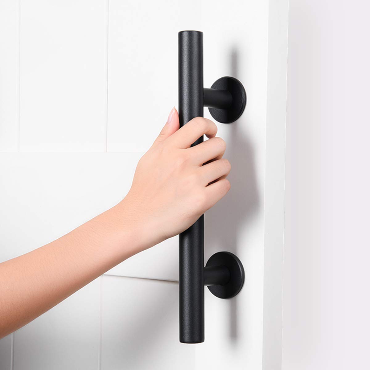SMARTSTANDARD Sliding Barn Door Hardware Hangers 2pcs with Heavy Duty 12" Pull and Flush Barn Door Handle 1pc (Black) (Big Wheel Hangers)