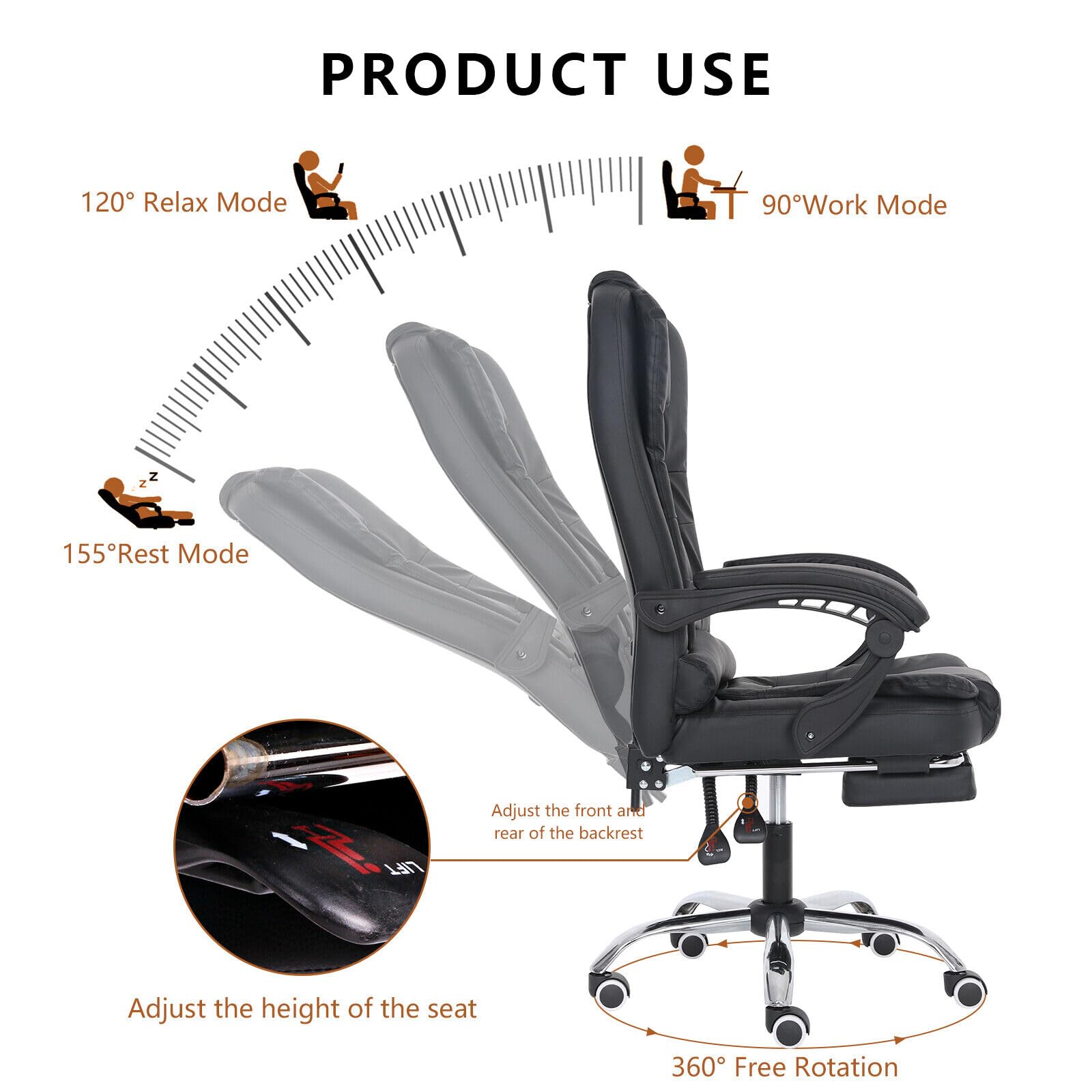 Office Chair Swivel Ergonomic Executive Computer Task Desk Seat Chairs Black Faux Leather Comfortable and Adjustable