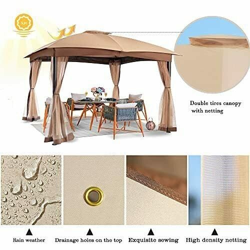 BBQ Gazebo Canopy 10x12 Gazebo for Patio, Double Vent Canopy 10 x 12 ft Straight Leg(Khaki) Grill Gazebo Shelter for Patio, Garden