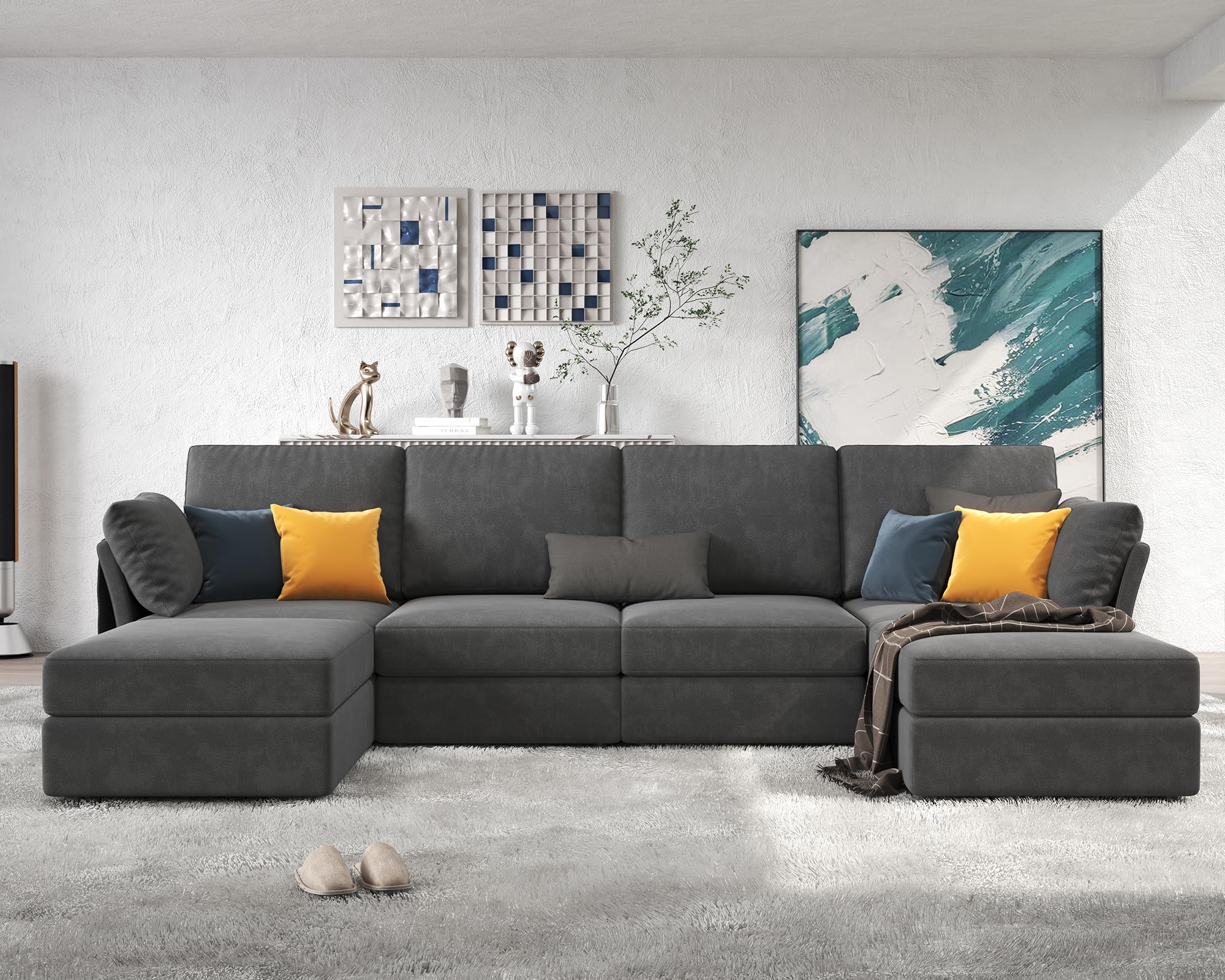 VanAcc 131 Inches Modular Sectional Sofa, Oversized Sectional Sofa with Storage, Ottomans, 6 Seats U Shaped Sofa- Chenille Gray