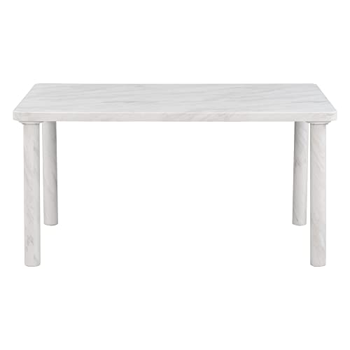 Goohome 6-Piece Kitchen Dining Set, Mid-Century Marble Veneer Table, 4 Flannelette Upholstered Chairs and Bench Family Furniture, for Home, Apartment, A-White+Blue