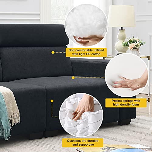 Sofa Couches,87''Modern Couch for Living Room Sofa with Multi-Angle Adjustable Headrest, 3 Seater Comfy Couch Sofa,Spacious and Comfortable Velvet Loveseat (Black)