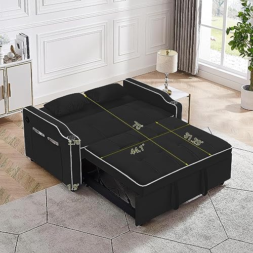FULife Convertible 3 in1 Loveseat Sofa Futon Couch Sleeper Pullout Chaise Lounge Recliner Chair Reversible Folding Daybed Guest Bed,2-Seat Sofá,Adjustable Back,600lb Capacity, Black Velvet 55.2" w