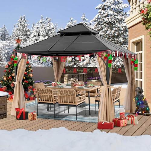 ABCPATIO 10x10 Hardtop Gazebo - Outdoor Polycarbonate Double Roof Gazebo Canopy, Metal Frame Permanent Pavilion with Curtains and Netting for Patio, Garden, Patio, Lawns (Beige)