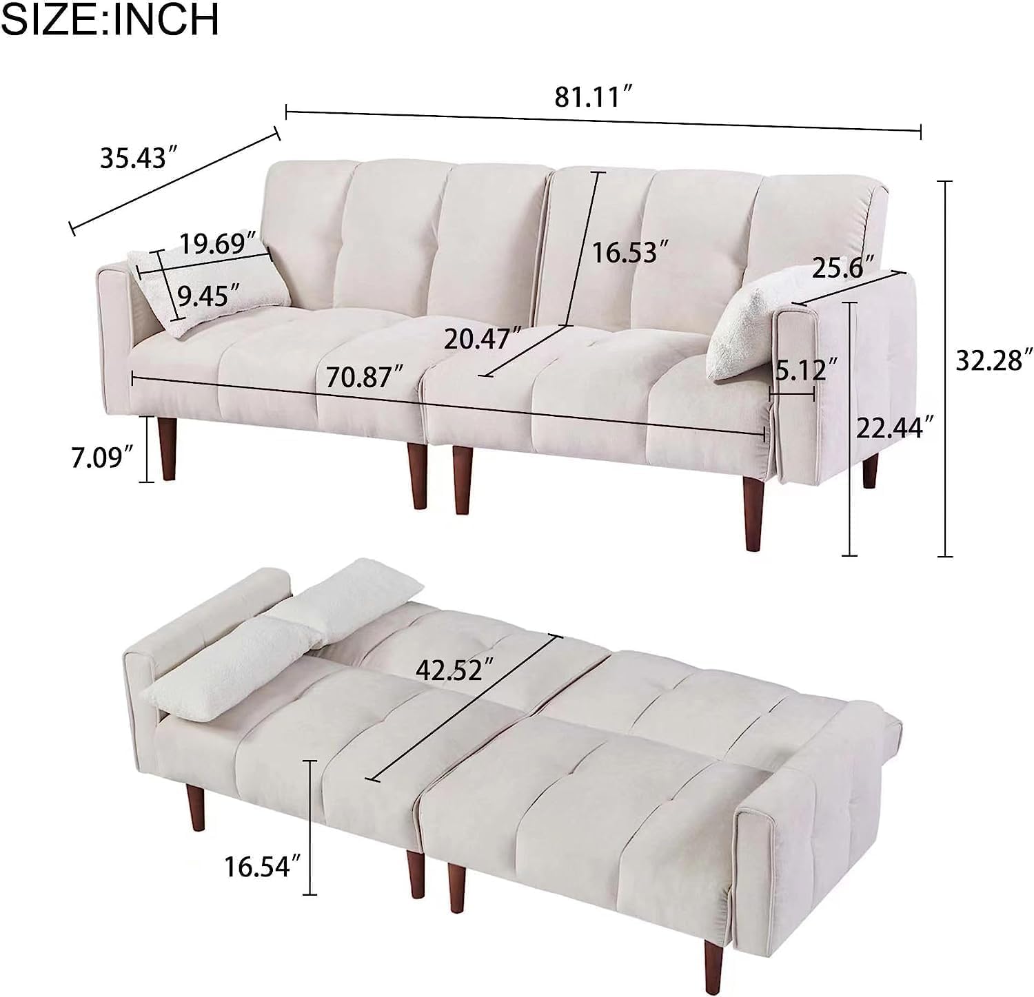 ERYE 3-in-1 Linen Upholstered Convertible Futon Sofabed Modern Oversized Functional Loveseat Sofa Convertible Sleeper Couch Bed with Split Reclining Backrest,2 Pillows and 8 Wood Legs for Living Room