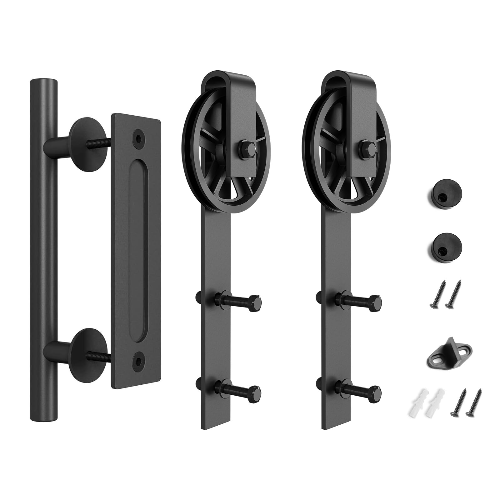 SMARTSTANDARD Sliding Barn Door Hardware Hangers 2pcs with Heavy Duty 12" Pull and Flush Barn Door Handle 1pc (Black) (Big Wheel Hangers)