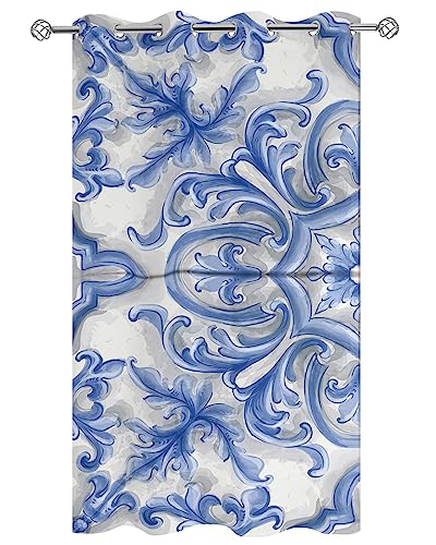Outdoor Curtains for Patio,Retro Bohemian Tile Pattern Grommet Outside Curtains Windproof Privacy Panels with Tieback,Ethnic Blue Damask Weighted Window Treatment Indoor/Outdoor Drapes 54x84in