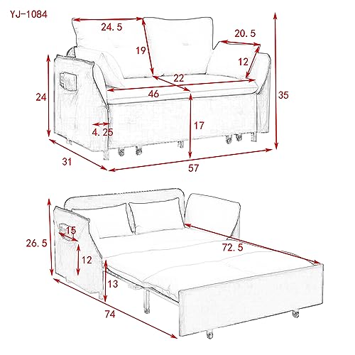 ERYE 3-in-1 Upholstered Futon Loveseat Convertible Sleeper Bed,2-Seaters Sofa & Couch Soft Cushions Love Seat Daybed for Small Space Living Room Napping,White Orange 3 Fold w/Pockets