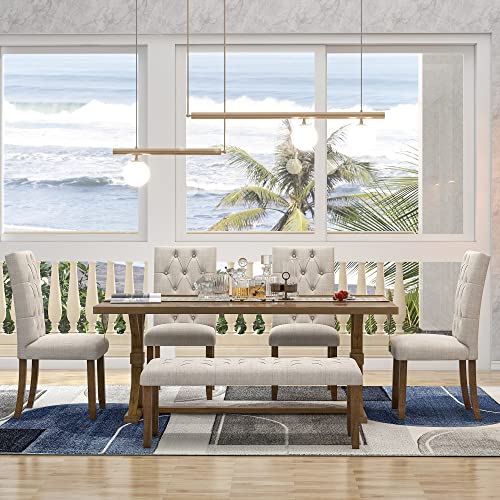 Goohome 6-Piece Farmhouse Kitchen Dining Set, Mid-Century Wood Rectangular Table, 4 Flannelette Upholstered Chairs and Bench Family Furniture, for Home, Apartment, Walnut