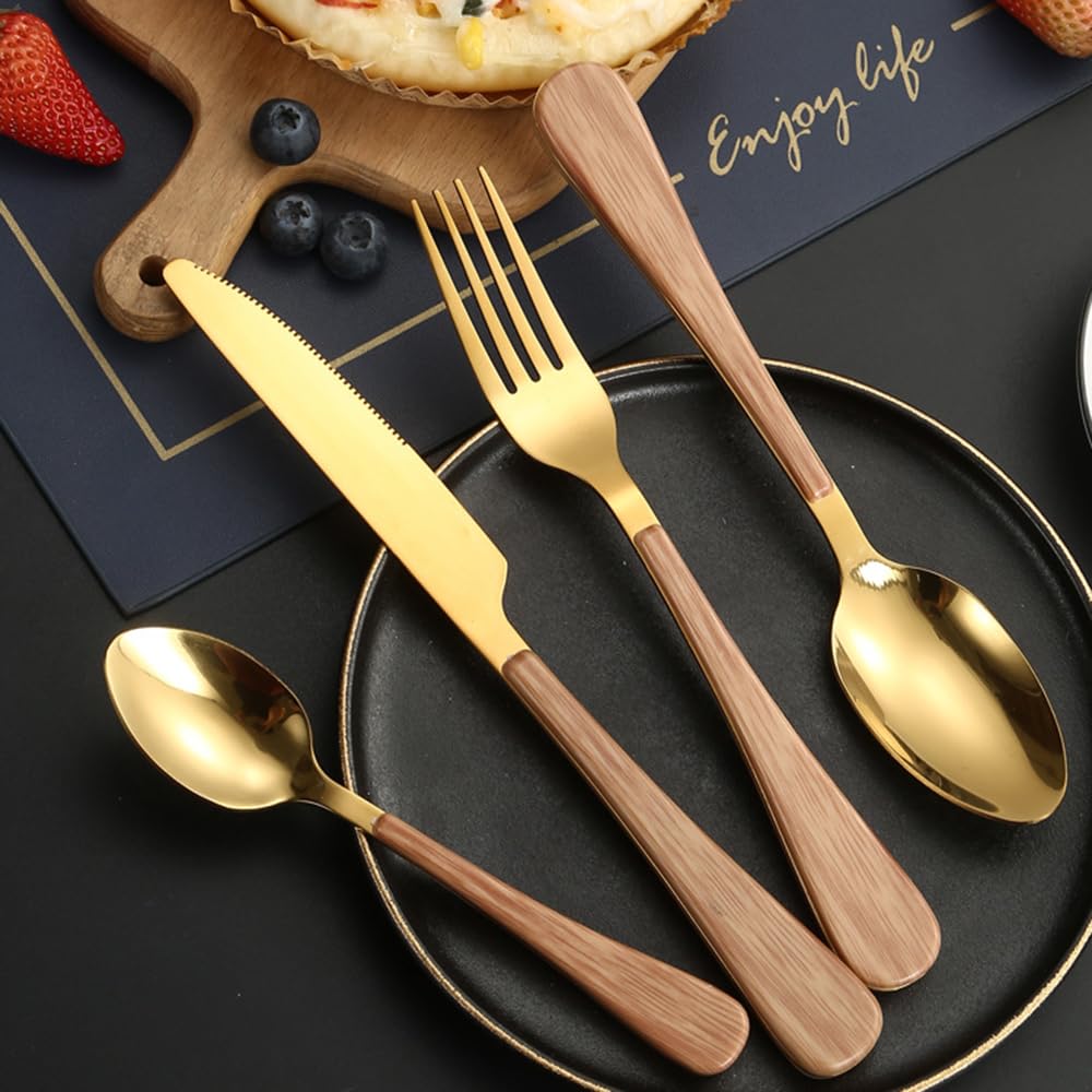 Aimilan 24 Piece Gold Silverware Set for 6, Imitation Wooden Handle Flatware Cutlery Set for Home Kitchen Restaurant, Mirror Finish, Dishwasher Safe (24-Piece for 6)