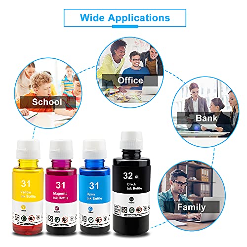 Topcolor Compatible Ink Bottle Replacement for HP 31 32XL Ink for HP Smart-Tank 7301 6001 7602 5101 7001 Plus 551 651 455 457 450 All-in-One Ink-Tank Printer, 165mL Black, 100mL Cyan Magenta Yellow