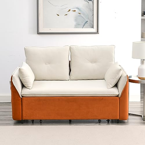 ERYE 3-in-1 Upholstered Futon Loveseat Convertible Sleeper Bed,2-Seaters Sofa & Couch Soft Cushions Love Seat Daybed for Small Space Living Room Napping,White Orange 3 Fold w/Pockets
