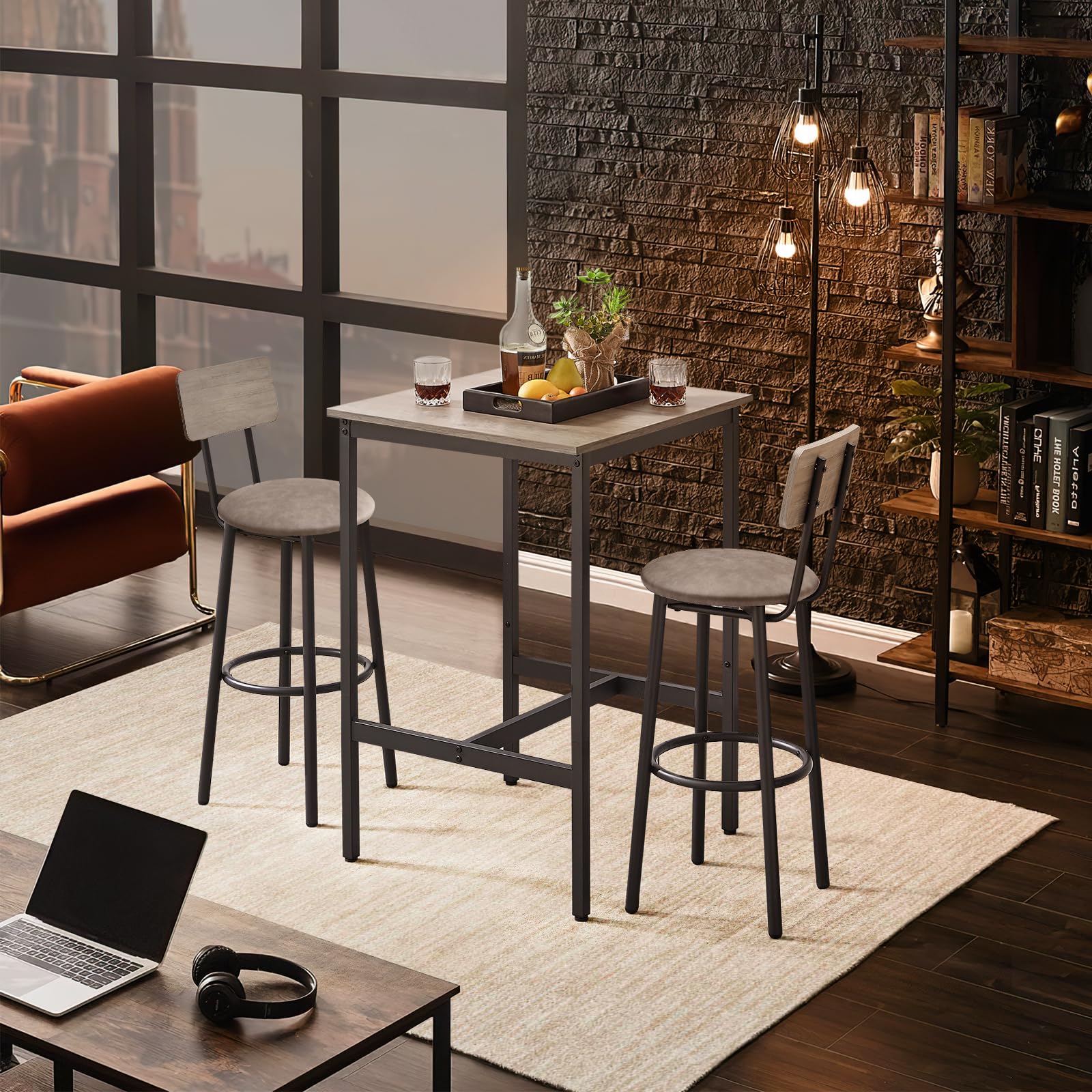Noskatu 3-Piece Dining Table Set for 2, Modern Bar Table and Chairs Set for Small Space Kitchen Wooden Square Dinette Set with PU Padded Chairs Metal Frame for Apartment Breakfast Nook, Grey