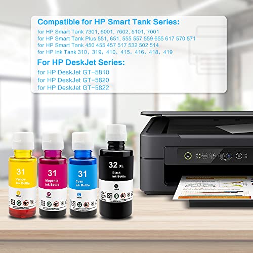 Topcolor Compatible Ink Bottle Replacement for HP 31 32XL Ink for HP Smart-Tank 7301 6001 7602 5101 7001 Plus 551 651 455 457 450 All-in-One Ink-Tank Printer, 165mL Black, 100mL Cyan Magenta Yellow