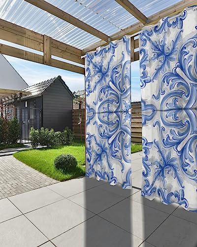 Outdoor Curtains for Patio,Retro Bohemian Tile Pattern Grommet Outside Curtains Windproof Privacy Panels with Tieback,Ethnic Blue Damask Weighted Window Treatment Indoor/Outdoor Drapes 54x84in