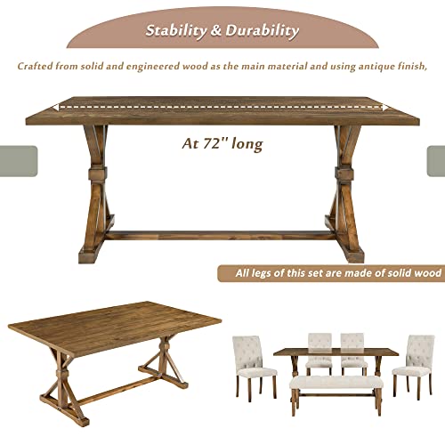 Goohome 6-Piece Farmhouse Kitchen Dining Set, Mid-Century Wood Rectangular Table, 4 Flannelette Upholstered Chairs and Bench Family Furniture, for Home, Apartment, Walnut
