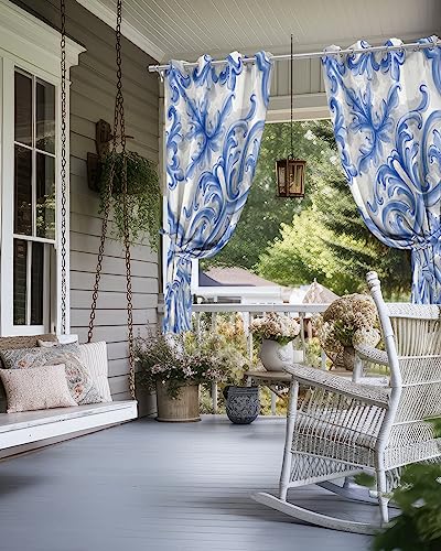 Outdoor Curtains for Patio,Retro Bohemian Tile Pattern Grommet Outside Curtains Windproof Privacy Panels with Tieback,Ethnic Blue Damask Weighted Window Treatment Indoor/Outdoor Drapes 54x84in