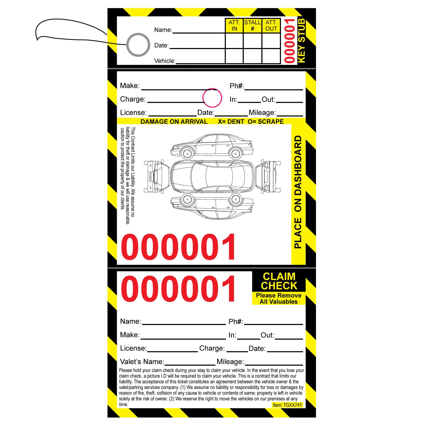 3 Part Valet Parking Tickets For Cars. Elastic String Attached With Reinforced Eyelet. Claim Check & Car Diagram. 1000 Tags. Printed in Black & Yellow Ink with Red Numbers on Durable White Card Stock.