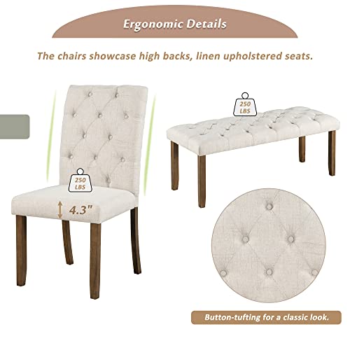 Goohome 6-Piece Farmhouse Kitchen Dining Set, Mid-Century Wood Rectangular Table, 4 Flannelette Upholstered Chairs and Bench Family Furniture, for Home, Apartment, Walnut