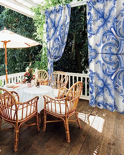 Outdoor Curtains for Patio,Retro Bohemian Tile Pattern Grommet Outside Curtains Windproof Privacy Panels with Tieback,Ethnic Blue Damask Weighted Window Treatment Indoor/Outdoor Drapes 54x84in
