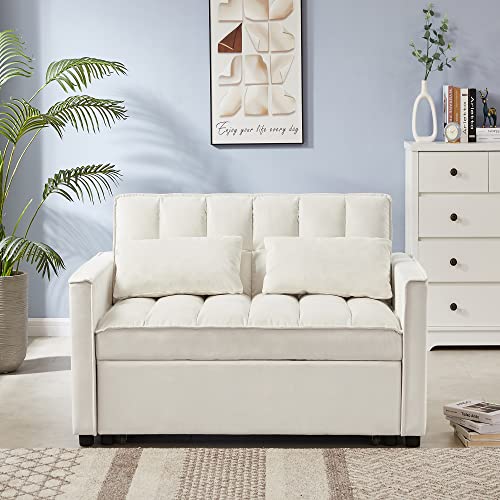 YUNLife&Home 3 in 1 Convertible Pull Out Sleeper Sofa Bed, Loveseat Futon Sofá Chair with Adjustable Reclining Backrests,Side Pockets&2 Pillows, Small Love Seat Lounge Couch, Velvet Beige 53.14" w