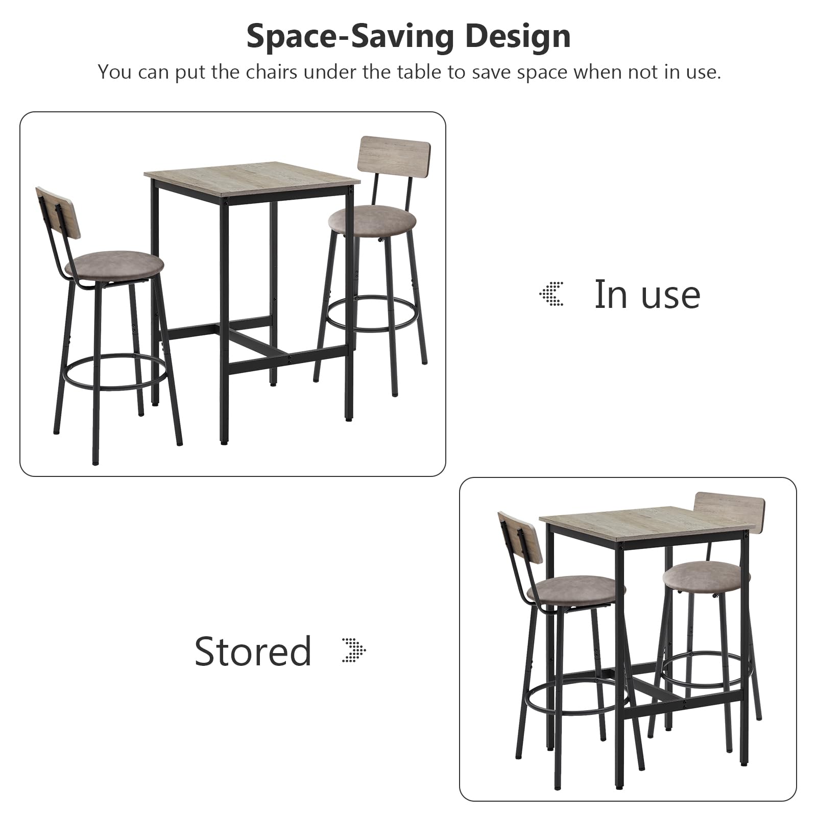 Noskatu 3-Piece Dining Table Set for 2, Modern Bar Table and Chairs Set for Small Space Kitchen Wooden Square Dinette Set with PU Padded Chairs Metal Frame for Apartment Breakfast Nook, Grey