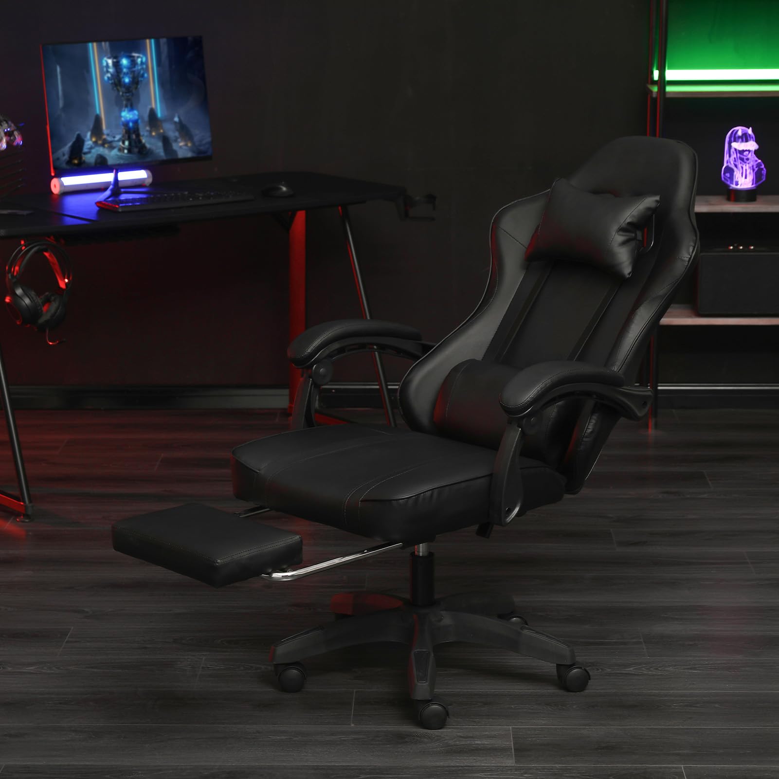 Ergonomic Office Chair, Home Office Desk Chairs with Wheels and Plastic Legs, High Back Computer Chair Rolling Chair with Adjustable Headrest (Black, Linkage Armrest)