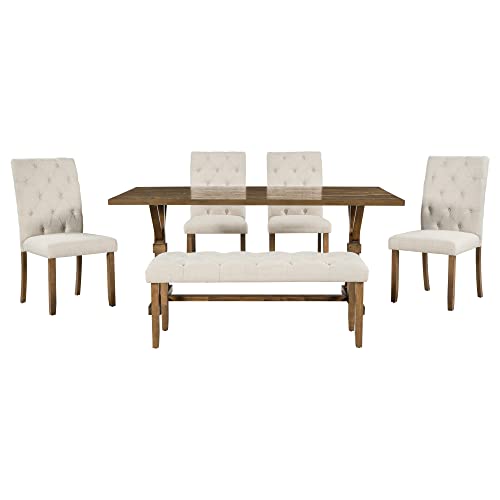 Goohome 6-Piece Farmhouse Kitchen Dining Set, Mid-Century Wood Rectangular Table, 4 Flannelette Upholstered Chairs and Bench Family Furniture, for Home, Apartment, Walnut