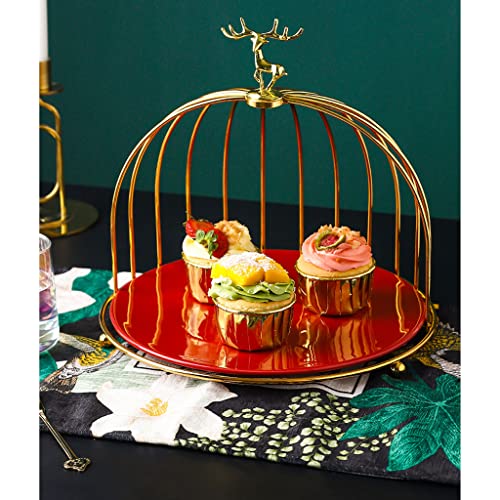 XENITE Dessert Bird Cage Cake Stand for Dessert Table Gold Metal Cosmetics Dessert Display Holder W/Ceramic Tray & Elk Top for Celebrations Home Decorations Fruit Plate